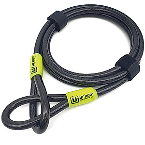 URBAN UR462L Bicycle Security Cable Braided Steel ø0.39in, 6.5ft Long, Lightweight, Double Loop, Anti-Theft Cable Locking Motorcycle Helmet Protection, Wheels, Bags, Scooter, Electric Bike, Ebike