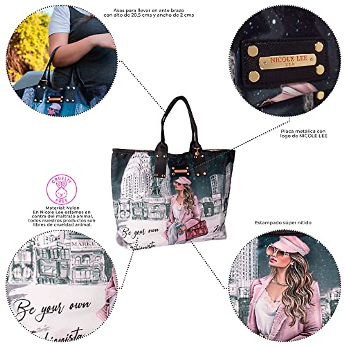 Nicole Lee Reversible 2-Sided Large Oversized Shopper Tote, Fashion Print, Metallic Travel Shoulder Bag (Sara is Soft but Strong)