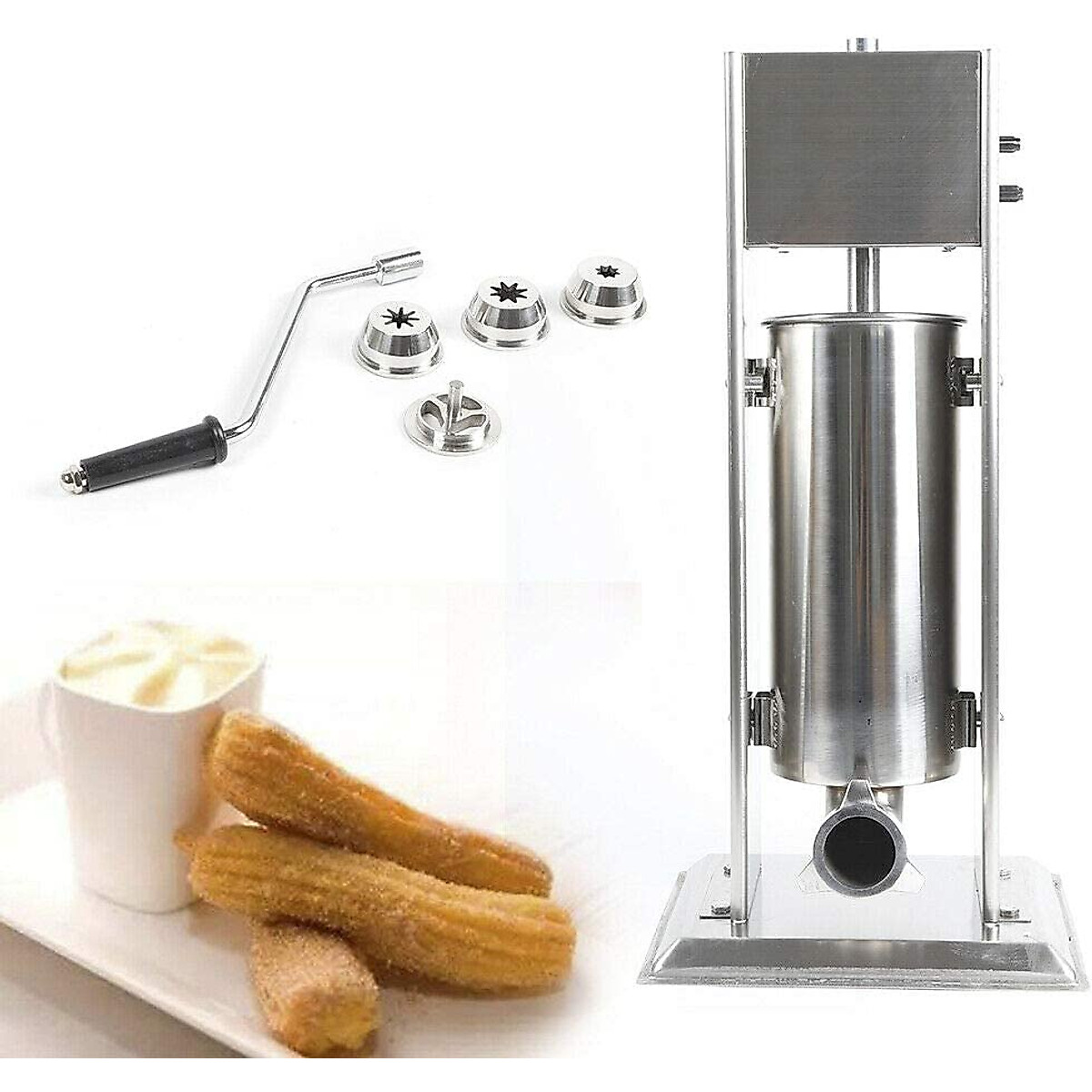 Commercial Churros Maker, Heavy Duty Waffle Makers, 5L Stainless Steel Manual Spanish Donut Churrera Machine with 4pcs Nozzles for Home Restaurants Cafeterias Bakeries