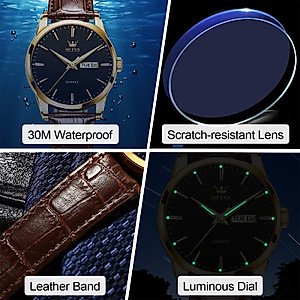 QBAIZI Mens Watches Black Face Day Date Gold Dress Watch for Men Brown Leather Band Classic Minimalist Analog Men's Wrist Watches Waterproof Reloj para Hombre