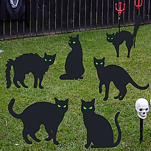 Leyaron 6 Pack Black Cat Yard Signs Halloween Decor with 12 Metal Stakes, Scary Black Cat Halloween Outdoor Decorations with 6 Pairs Glowing Eyes for Home Yard Garden Lawn Party Props Supplies