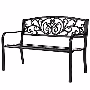VINGLI 50" Patio Park Garden Bench Outdoor Metal Benches,Cast Iron Steel Frame Chair Front Porch Path Yard Lawn Decor Deck Furniture for 2-3 Person Seat