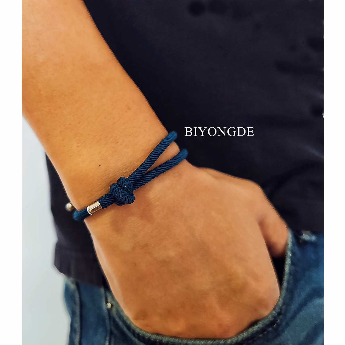 BIYONGDE Teal Blue Nautical Woven Friendship Rope Boho Bracelet Handmade Braided String Steel Charm Adjustable