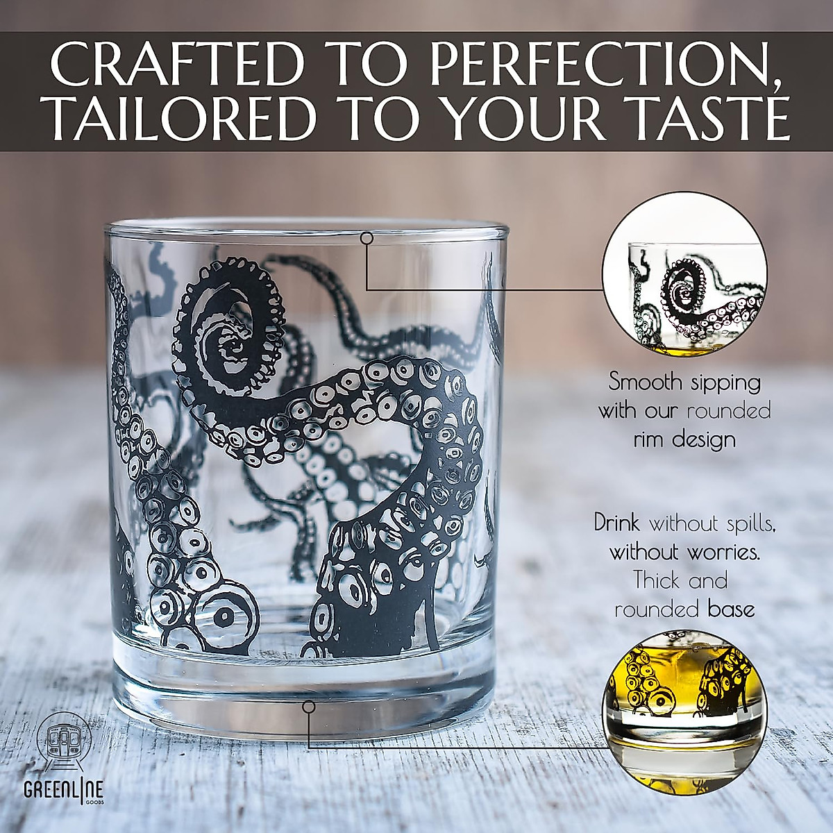 Greenline Goods Whiskey Glasses - 10 Oz Tumbler Gift Set – Kraken Whiskey Glasses (Set of 2) | Rocks Glass Octopus Decor | Old Fashioned Rocks Glasses
