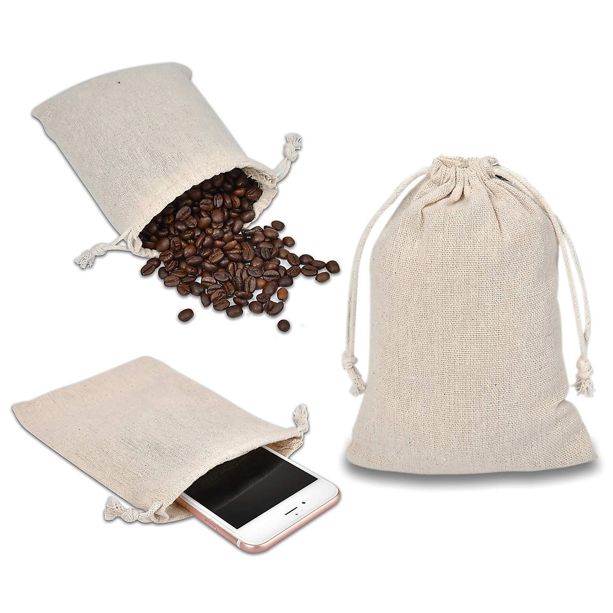 Calary 50pcs Double Canvas Drawstring Gift Bag Cotton Pouch Gift Sachet Bags Muslin Bag Reusable Tea Bag 5x7 Inch