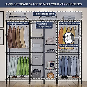 BELLEZE Garment Rack for Hanging Clothes, Clothes Rack with Adjustable Shelf, Freestanding Clothing Rack Closet Organizer Rack with 2 Pairs Side Hooks, Heavy Duty Closet Wardrobe for Bedroom, Black