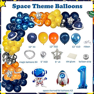 109 PCs First Trip Around the Sun Birthday Decorations, Hombae Outer Space 1st Birthday Decorations Balloon Garland Photo Highchair Banner Crown Poster Cake Topper Astronaut Spaceship Orange Blue
