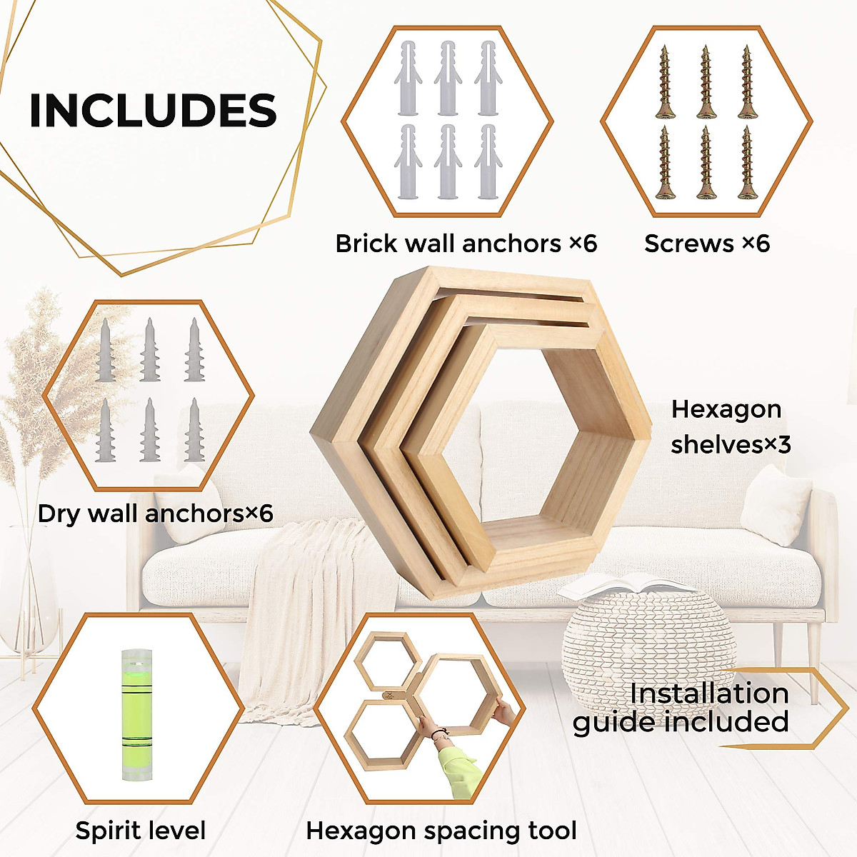 Onyx Home Hexagon Floating Shelves - Set of 3 - Boho Wall Decor. Geometric Hexagon Shelves. Includes All Hanging Hardware. Wooden Honeycomb Shelves. Succulent Plant Shelf