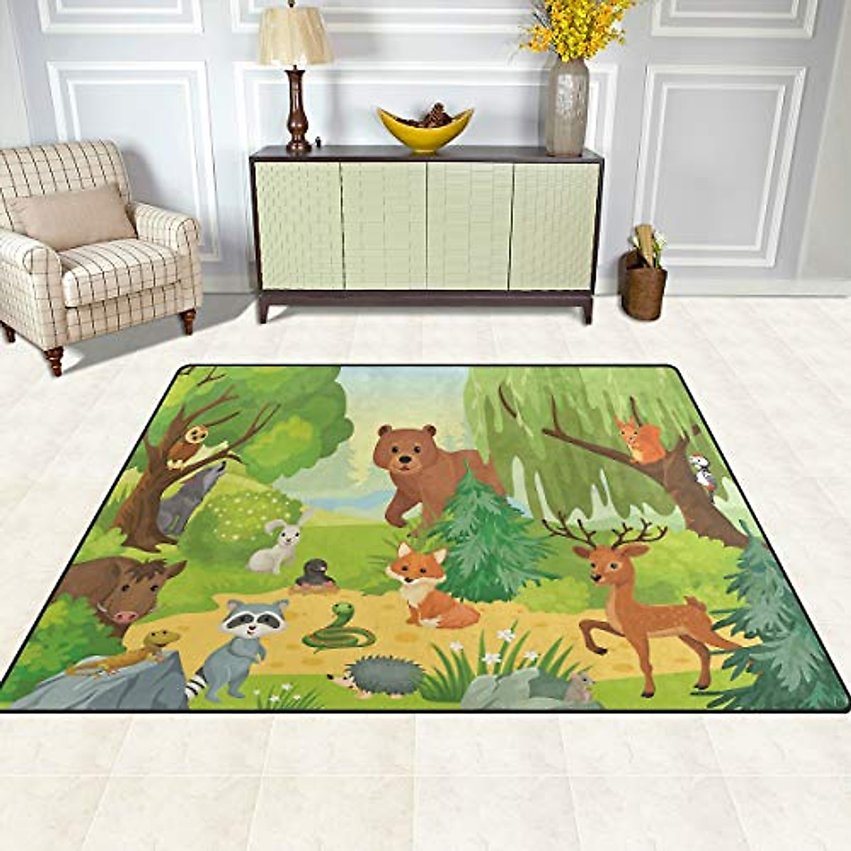 ALAZA Home Decoration Wild Animals Forest Deer Fox Bear Owl Cow Snake Large Rug Floor Carpet Yoga Mat, Modern Area Rug for Children Kid Playroom Bedroom, 5' x 7'