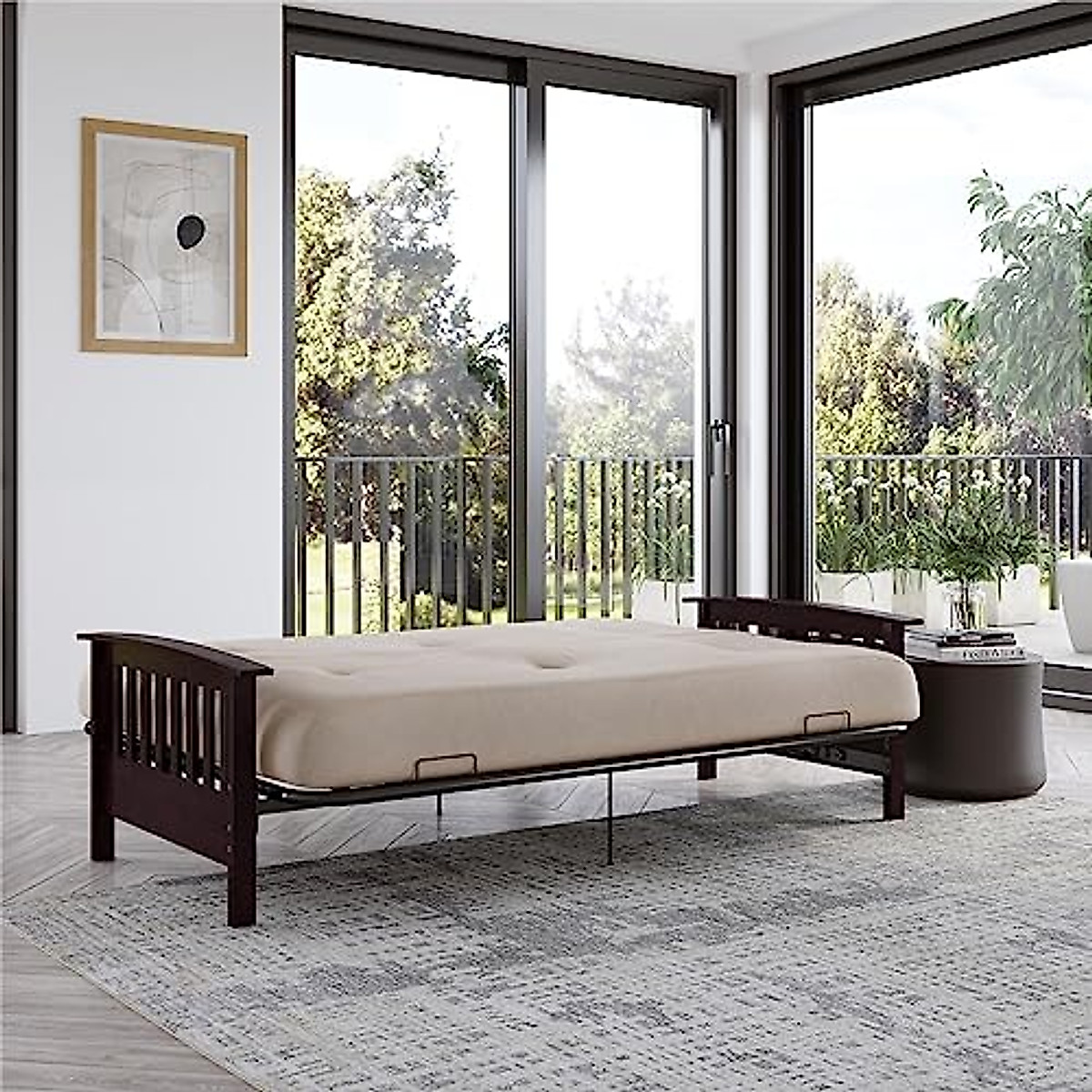 DHP Laurel Full Size Espresso Wood Arm Futon Frame with 6" Thermobonded High Density Polyester Fill Tan Microfiber Mattress