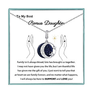 Sereney Bonus Daughter Necklace as Bonus Daughter Gifts from Stepmom for Birthday Gifts, Silver Moon Star Necklace to My Bonus Daughter Jewelry as Step Daughter Gifts from Stepdad