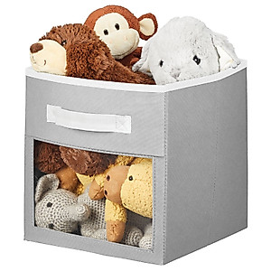 mDesign Fabric Nursery/Playroom Closet Storage Organizer Bin Box with Front Handle/Window for Cube Furniture Shelving Units, Hold Toys, Clothes, Diapers, Bibs, Jane Collection, 4 Pack - Gray/White