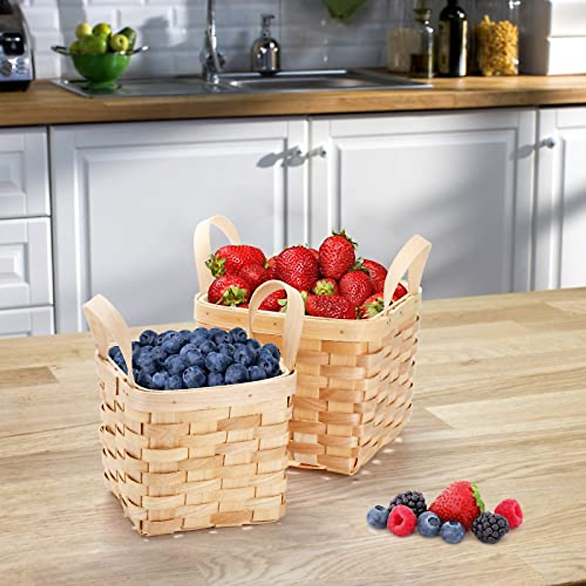 Okllen Set of 3 Small Woodchip Basket with Handles, Wooden Woven Baskets Handmade Wicker Baskets, Empty Storage Basket Container for Organizing Pantry, Closet, Toy, Wedding Stuff, Square, 3 Sizes