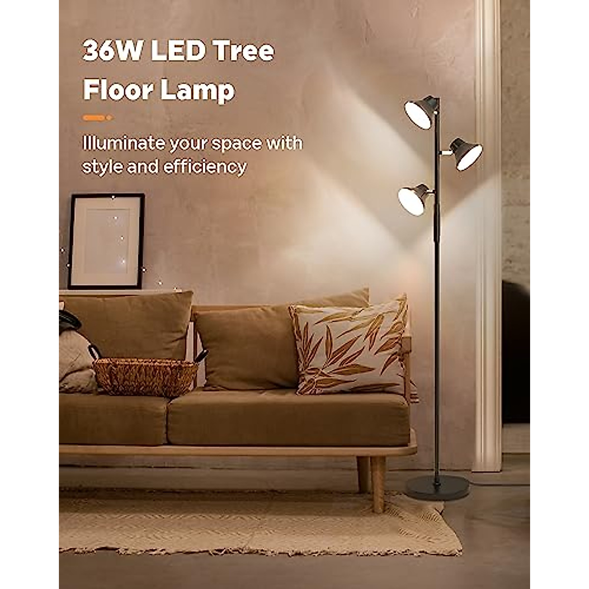 SIBRILLE [Upgraded] LED Floor Lamp, 36W Dimmable Standing Lamp with Remote & Touch Control, 2700K-6500K, Modern Tree Floor Lamp with 3 Rotatable Lights, Floor Lamps for Living Room, Bedroom, Office