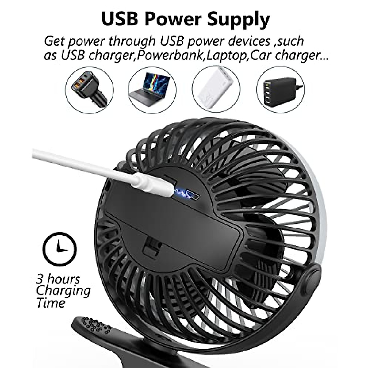 TYZU 5 Inch Clip on Fan, 3-Speed Desk Fan, 2500mAh Battery Operated Portable Stroller Fan with Strong Clamp, Small Dorm Fan with Strong Airflow, 360°Rotate, Quiet USB Fan for Bed Office Treadmill