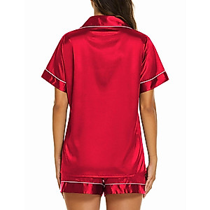 Ekouaer Pajama Sets for Women Silk Button Up Sleepwear Satin Short Sleeve Pjs Top and Shorts 2 Piece Lounge Set,Red,Small
