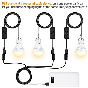 Tuanse 3pcs USB LED Light LED Camping Light Bulb with USB Splitter Cable 1 to 3, 8.2ft Extra Length Cord Tent Light USB Portable LED Lantern for Garage Warehouse Truck Fishing Boat Outdoor, Warm White