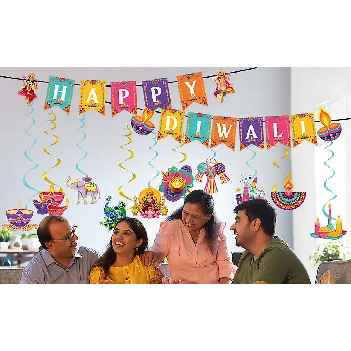 Rakuto Happy Diwali Party Decorations - 12PCS Happy Diwali Banner Hanging Swirls Deepavali Party Hanging Decor for Indian Deepavali Diwali Festival of Lights Rangoli Diya Theme Party Supplies