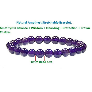 Myhealingworld Natural Amethyst Gemstone Bracelet Round 8mm Beaded Bracelet February Birthstone Wristband Balancing Stretch Wristlet for Men Women