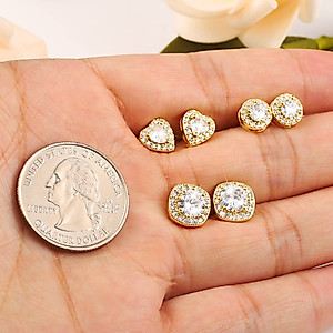 KISSPAT 14K Gold Plated Stud Earrings Set Halo Heart Round Cubic Zirconia Stud Earrings Pack Faux Diamond Studs for Women