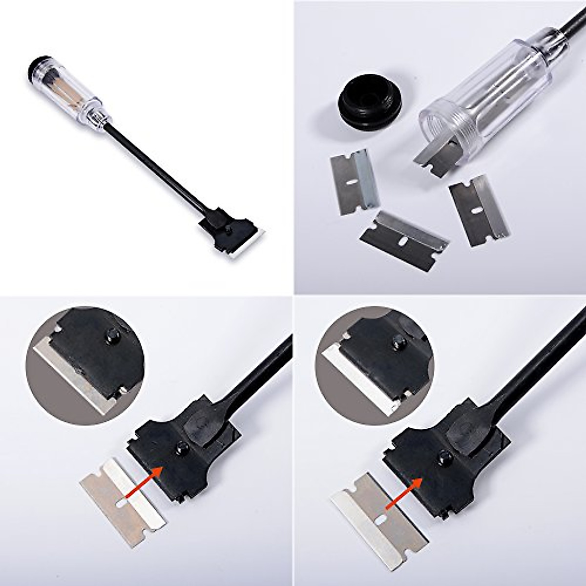 FOSHIO 12" Long Reach Extension Scraper Long Razor-blade Scraper Extra Long Sticker Scraper with 10PCS Double Edged Plastic Razor Scraper Blades and 10PCS Carbon Steel Razor Scraper Blades