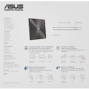 ASUS ZenDrive Ultra Slim USB 2.0 External 8X DVD Optical Drive +/-RW with M-Disc Support for Windows and Mac and Nero BackItUp for Android Devices (SDRW-08U7M-U/BLK/G/AS),Black