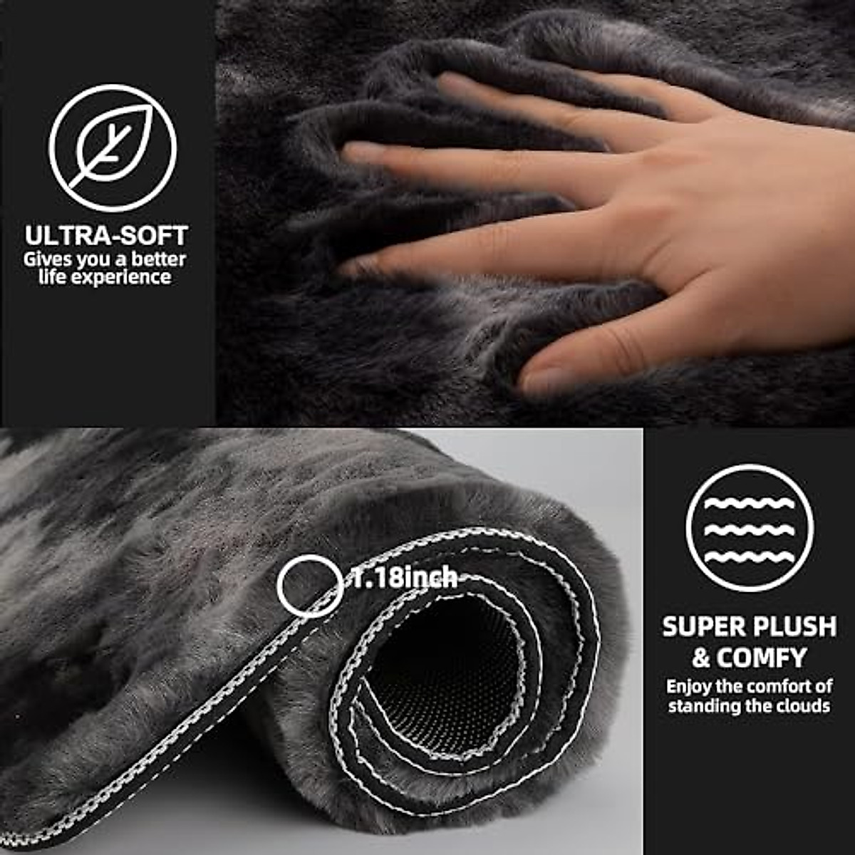 Bathroom Rugs Sets 3 Piece, Bath mats, Contour Mat and Toilet Seat Cover, Non-Slip Soft Thickness Faux Fur Rabbit Water Absorbent Shower Carpet Rug with PVC Point Rubber Backing, Machine Washable