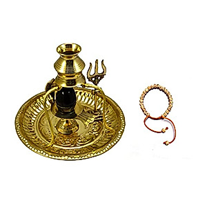 M Francisco Shiva Ling Lingam Shivling Prayer Statue Brass Stand with Thali + Hare Ram Hare Krishna Tulsi Bracelet