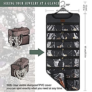 SMRITI Hanging Jewelry Organizer with Dual Zippered Pockets Canvas Double Sided Rotating Hanger Necklace Hanging Wall Organizer Earring Dustproof Holder Wall Mount Accessories Display Bag(Dark Grey)