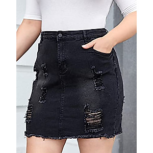 PYL Women Plus Size Distressed Jean Short Denim Skirt, Raw Hem Casual Bodycon Black