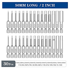 30 Piece Hex Head Allen Wrench Drill Bit Set, 1/4 Inch Hex Shank Metric and SAE S2 Steel Hex Bit Set, Magnetic Tips 50mm Long (SAE+METRIC HEX BITS)