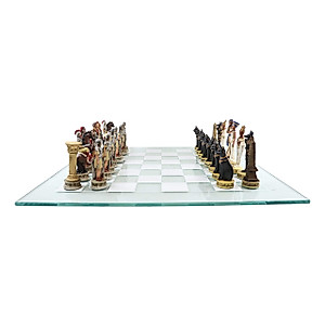 Ebros Gift Historical Themed Chess Set Egyptian Ptolemaic Pharaoh Army VS Augustus Caesar Roman Empire Centurions Resin Sculpted Chess Pieces with Checker Frosted Glass Board Gaming Set