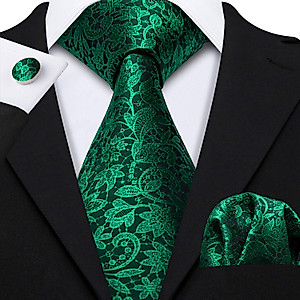 Barry.Wang Emerald Green Ties Silk Flower Paisley Necktie for Men Set Wedding St. Patrick's Day