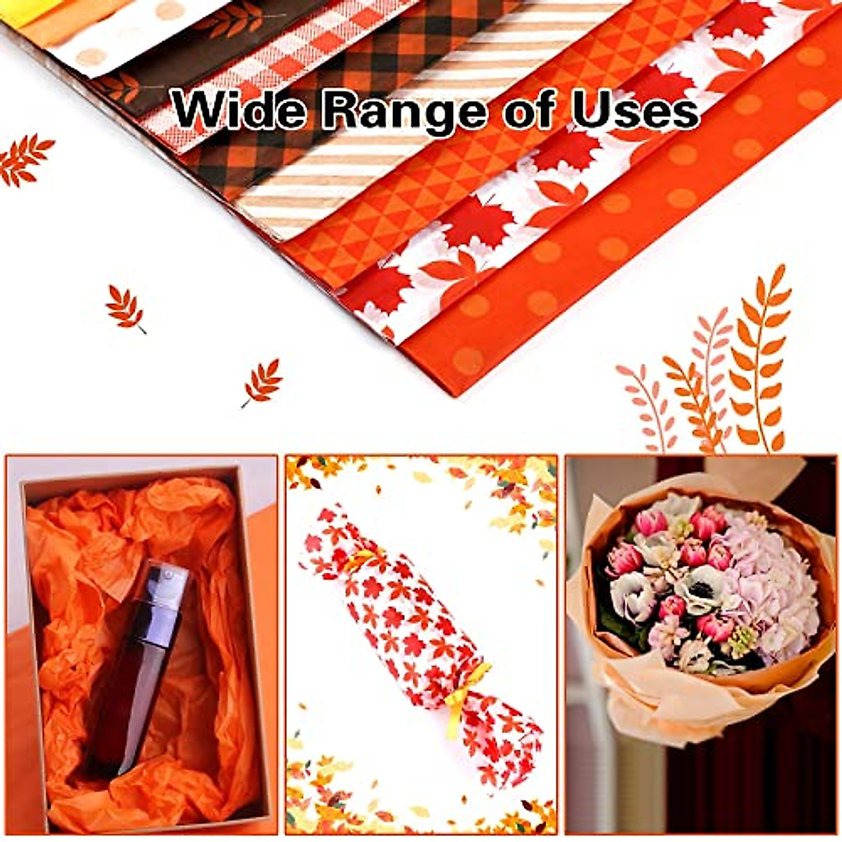 SANNIX 100 Sheet Fall Thanksgiving Tissue Paper, Pumpkin Maple Leaves Plaid Dots Crafts Paper Orange Yellow Autumn Wrapping Paper for Fall Harvest Thanksgiving Gift Wrapping Decorations (10 Design)