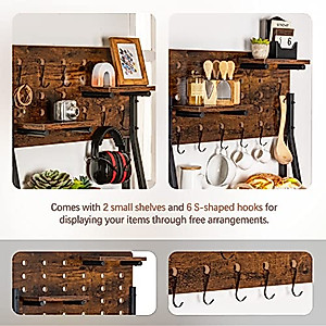 LAVIEVERT 5-Tier Bookshelf with Pegboard Floating Shelves, Industrial Vintage Bookcase, Freestanding Display Storage Rack Shelf with 6 Removable Metal Hooks for Home Office - Rustic Brown