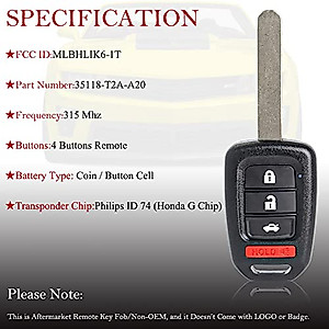 Key Fob Remote Replacement Fits for Honda Civic 2014 2015/Accord 2013-2015 MLBHLIK6-1T Keyless Entry Remote Control Uncut 4 Buttons 315 MHz G Chip (35118-T2A-A20)