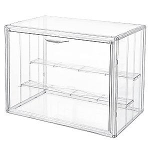 Attelite Clear Acrylic Display Case,3 Tier Display Shelf with 2 Movable Plate, Stackable Protection Showcase for Action Figures, Display Storage Box Countertop with Magnetic Door