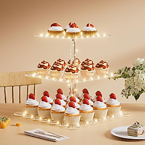 PinCute Acrylic Cupcake Stand, 3 Tier Cupcake Tower Holder with LED String Light, Dessert Table Display Cake Stand for Birthday Candy Bar Weddings Party Décor, Yellow Light