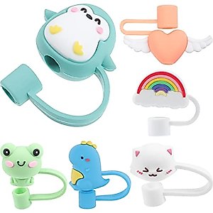 SEWACC Silicone Straw Tips Cover 6pcs Reusable Straw Cover Caps Cartoon Pattern Drinking Straw Plugs for Straws Party Birthday