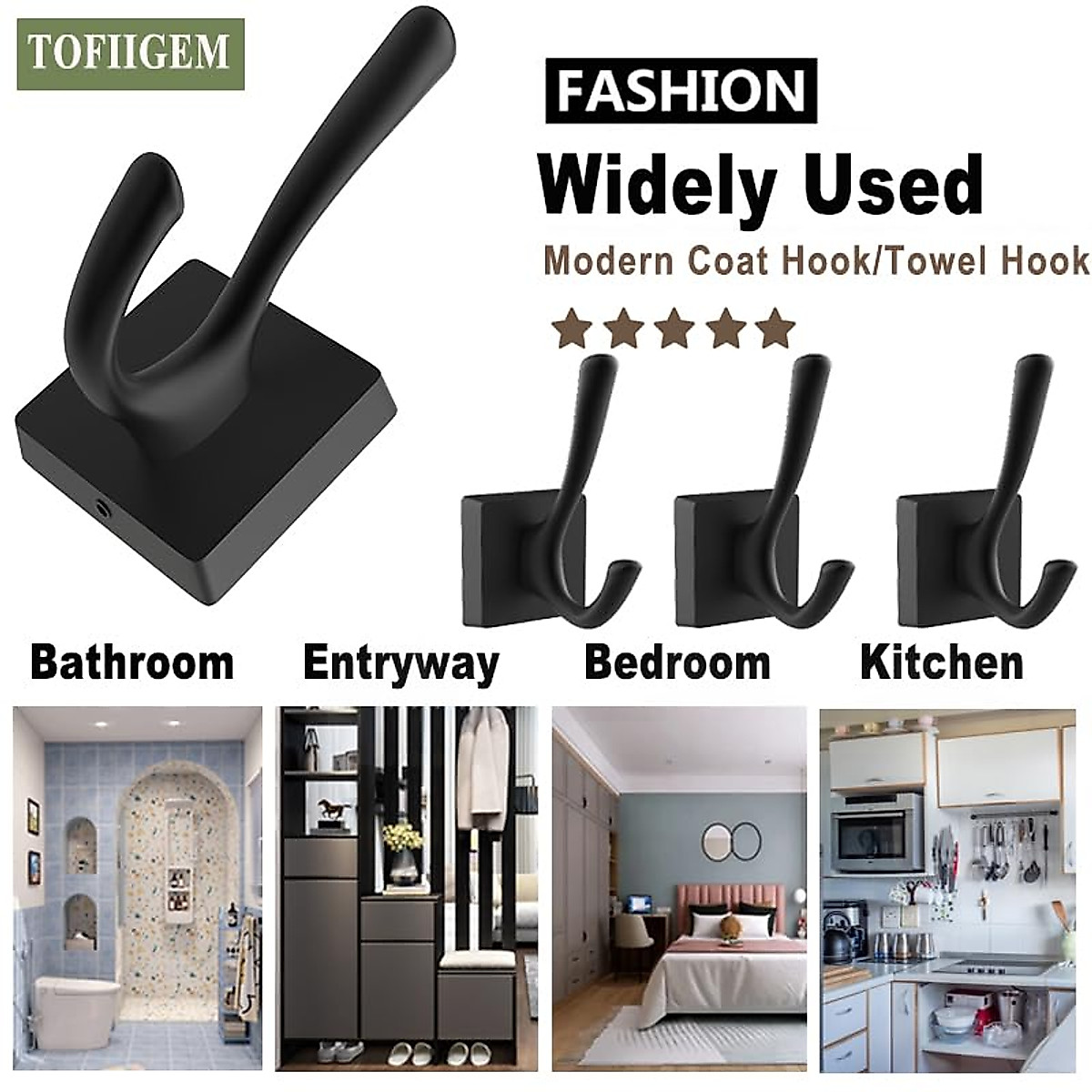 TOFIIGREM Black Wall Hooks Coat Hooks, Mudroom Hooks Bathroom Hallway Hooks for Hanging Clothes Robe Towel Backpack, Heavy Duty Decorative Hooks Modern Double Towel Hooks (4 Pack, Black)