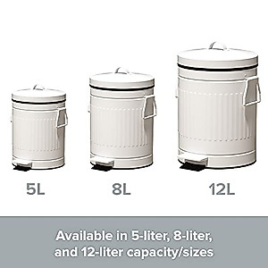 Retro Trash Can with Lid - 12L/3.2 Gal Step Trash Can w/ Soft Closing Lid - Round Garbage Can w/ Handles - Touchless Trash Can w/ Removable Garbage Guard Bucket - Outdoor Garbage Bin - Large Trash Can, White