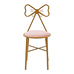 Modern Stylish Pink Bow Shaped Backrest Princess Chair Girls Ladies Creative Makeup Stool with Golden Frame for Indoor Decor Bedroom Coffee Shop