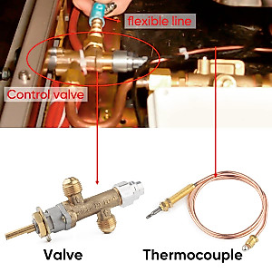 T6 Low Pressure LPG Propane Gas Fireplace Fire Pit Flame Failure Safety Control Valve Kit with Thermocouple & Knob Switch 3/8" Flare Inlet & Outlet Replacement Part for Gas Grill Heater Fire Pit