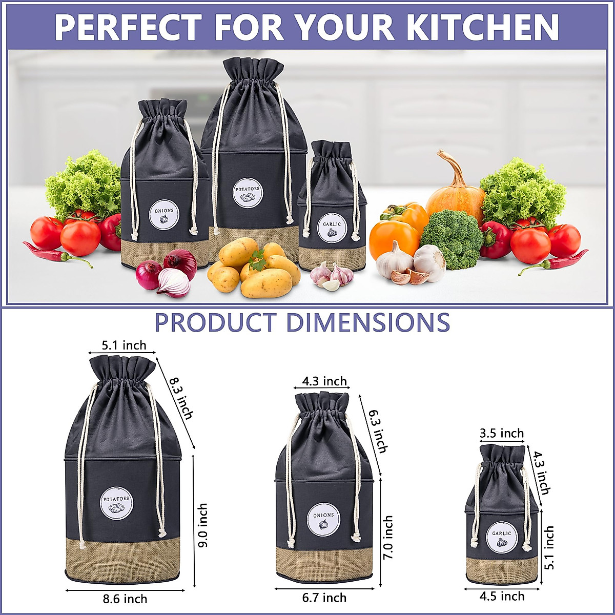 MERAKI HOME Potato Onion Garlic Storage Containers - Farmhouse Kitchen Storage Organization Pots - Sustainable Jute Cotton Vegetable Baskets Bins - Drawstring Holder