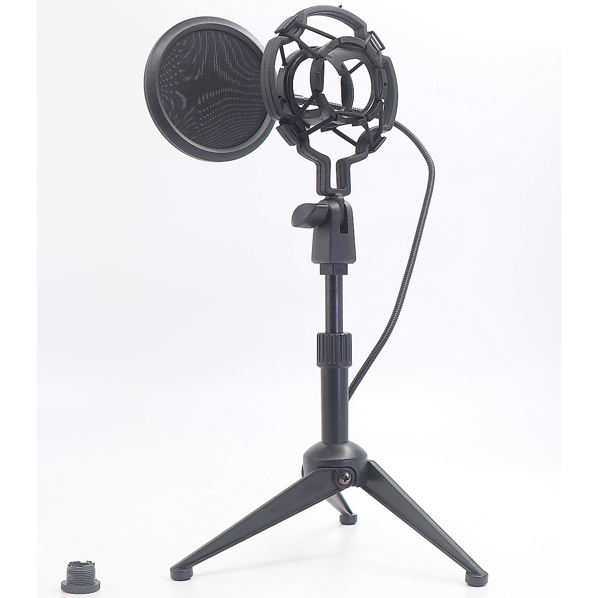 Desktop Microphone Tripod Suspension Stand with Shock Mount Anti-Vibration Mic Holder and 4" Round Mask Shield Double-Net Wind Screen Pop Filter (Large, Black)