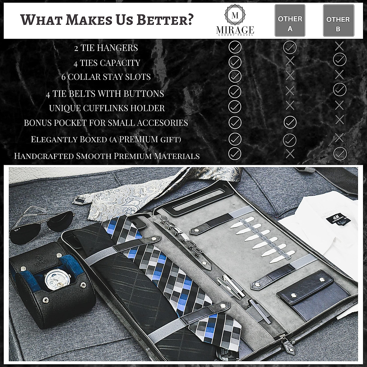 Tie Case Travel Organizer for Men - with Bonus Cufflinks Storage, Collar Stays Slots, Pocket for Small Jewelry - Graphite Black Motif