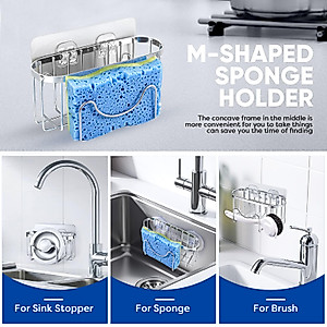 Sponge Holder for Kitchen Sink, 3-in-1 Kitchen Sink Caddy Dish Sponge Holder With Suction Cup, SUS304 Stainless Steel Hanging Sink Organizer Kitchen Accessories for Place Basket Brush, Sliver