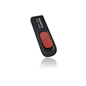 ADATA C008 64GB USB 2.0 Retractable Capless Flash Drive, Black/RED (AC008-64G-RKD)