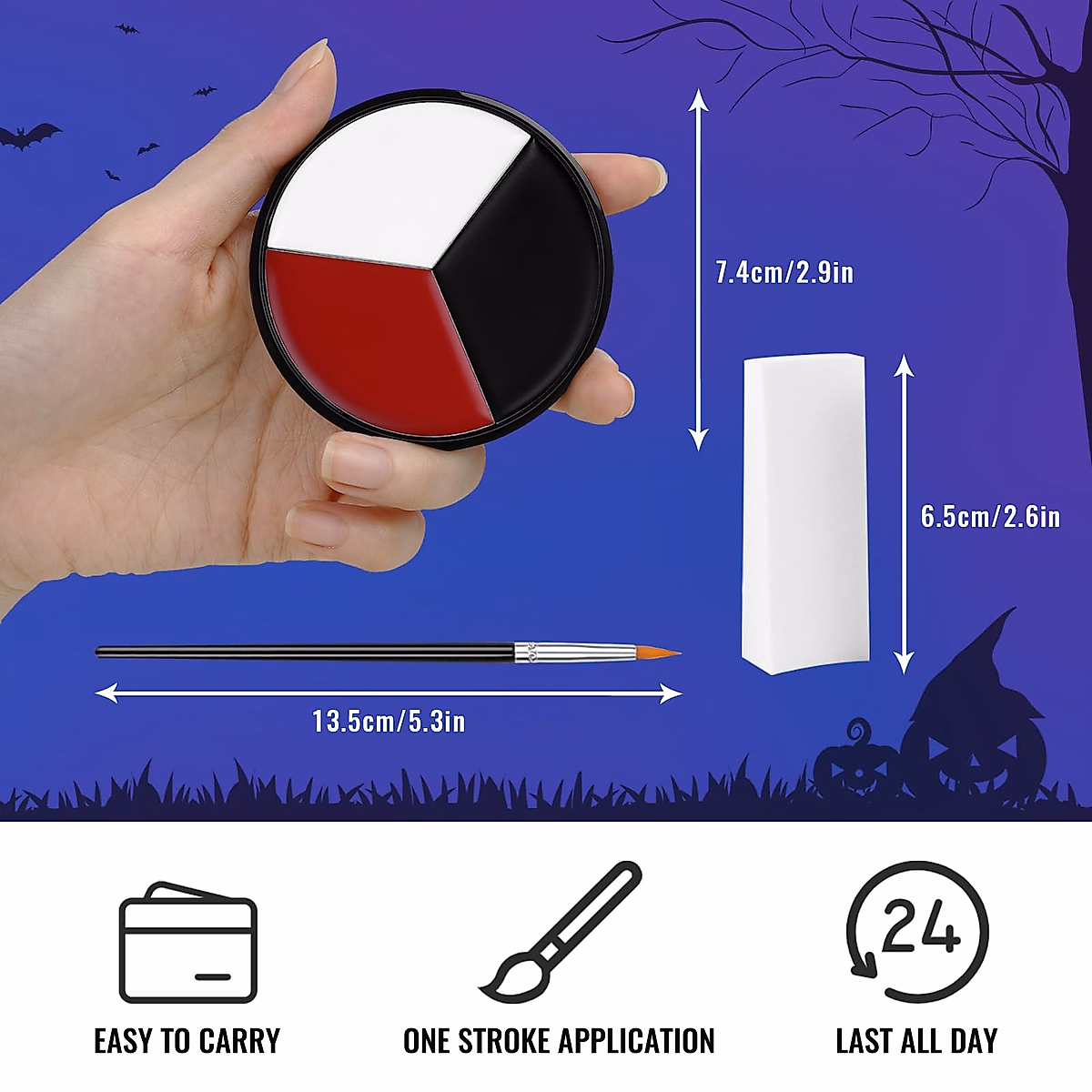 Black White Red Face Paint + 3PC Sponge + Brush, Colored Eye Black for Baseball Softball Sport Games, Body Painting Kit for Halloween Clown Makeup, Cosplay, Costume, SFX Special Effect, Theme Parties