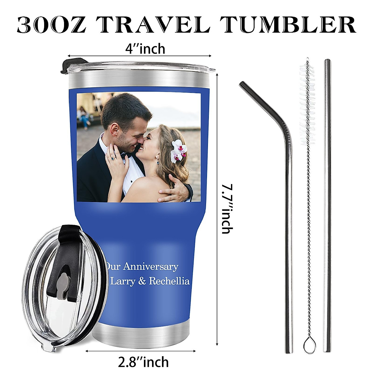 Custom Tumblers Personalized Stainless Steel Photo Coffee Tumbler Mug 30 oz Cups with Lid and Straw for Birthday Dad Mom Friends Men Women Custom Gifts